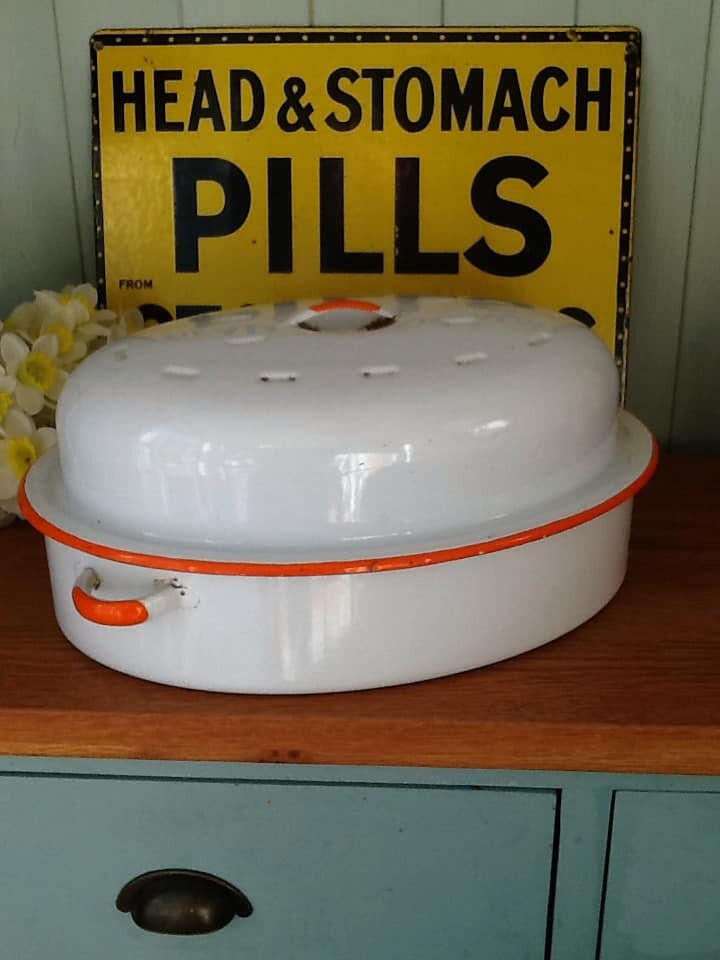 Vintage Large White Enamel Roasting Tin With Orange Trim - Etsy