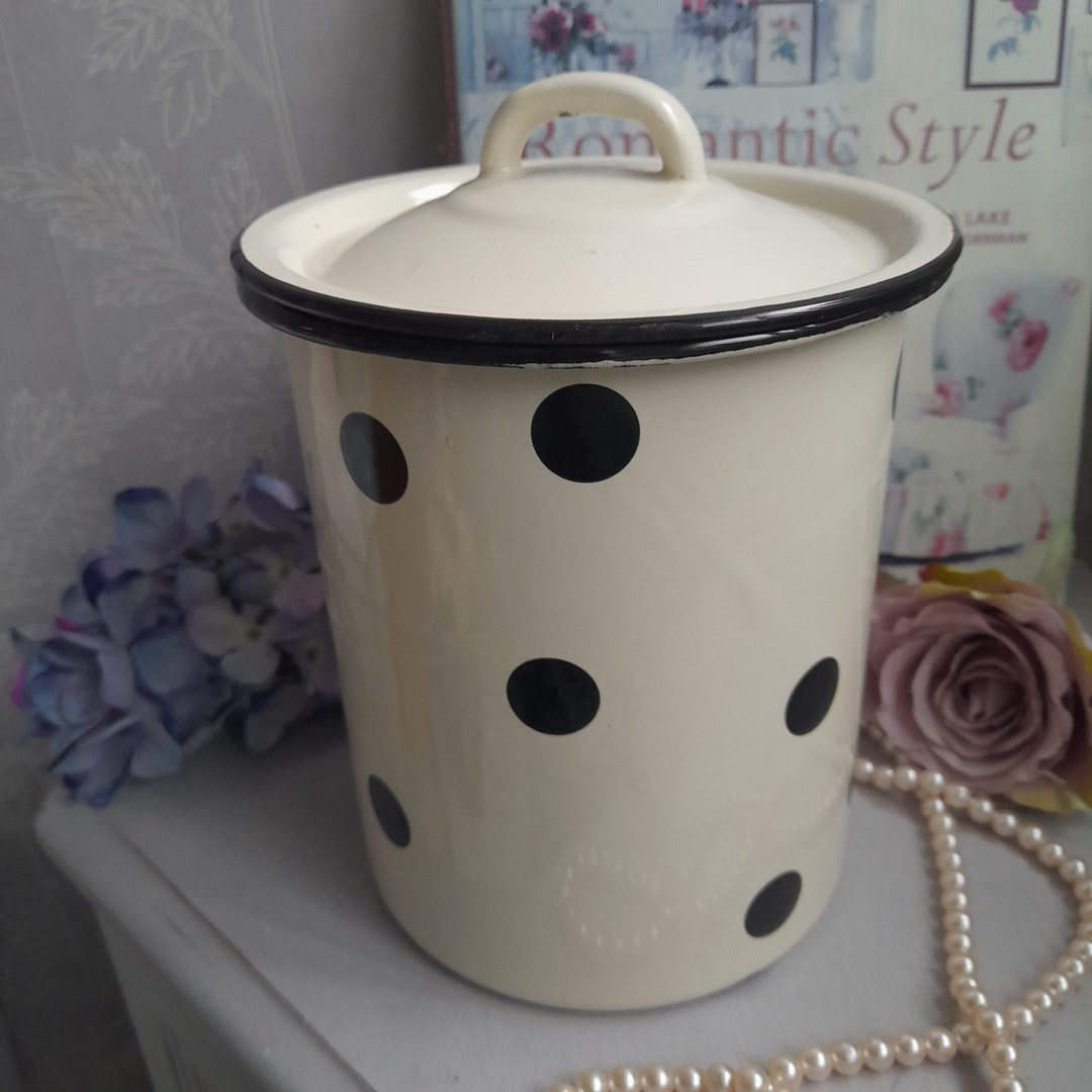 Vintage Large Cream Enamel Storage Tin With Lid & Black Polka Dots - Etsy
