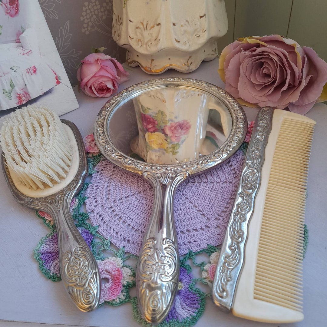 Pretty Ornate Silver Plate Dressing Table Set Mirror Brush & Comb ...