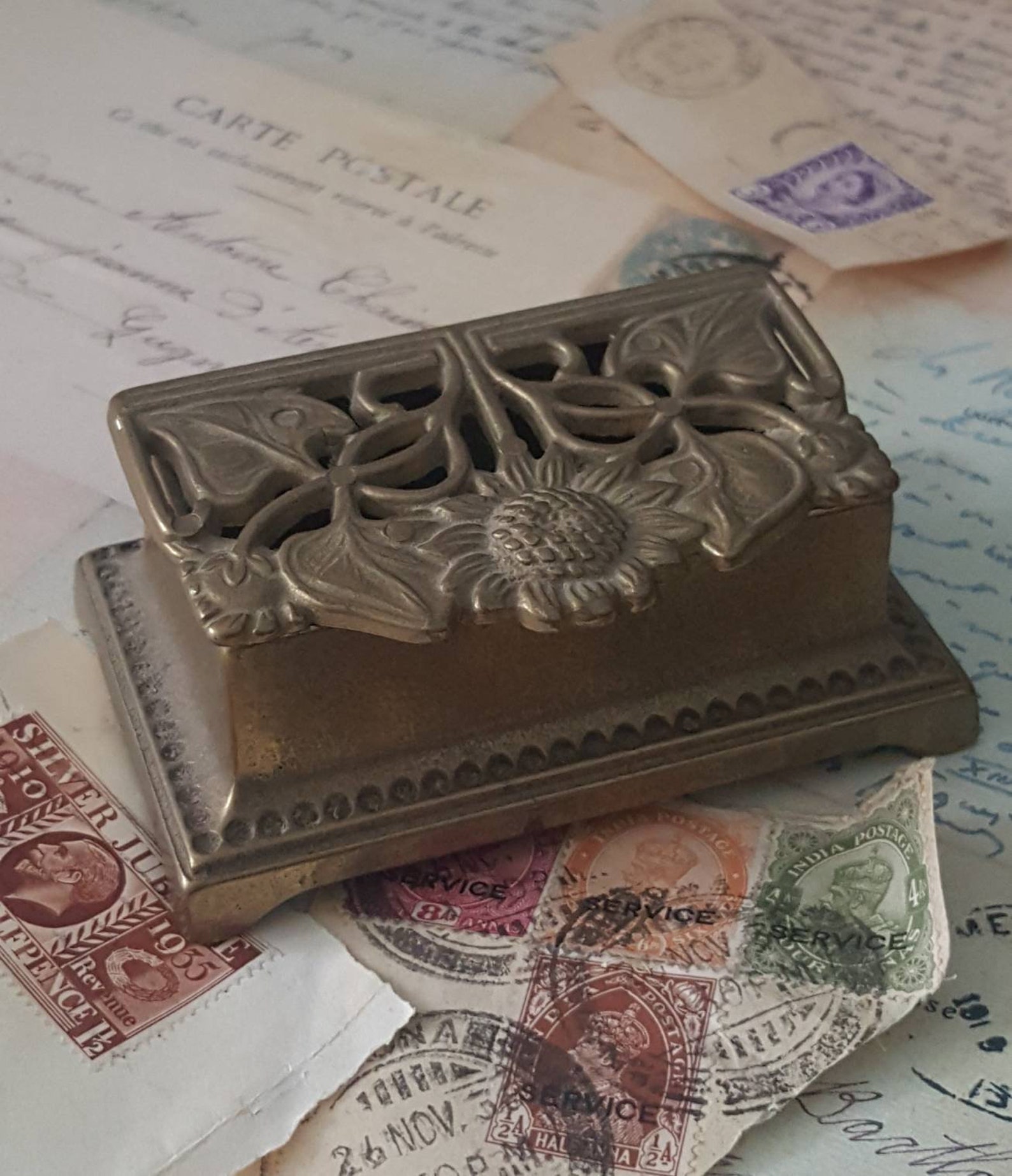 Brass Stamp Box Art Nouveau Style Sunflower Design, Brass Box Storage ...