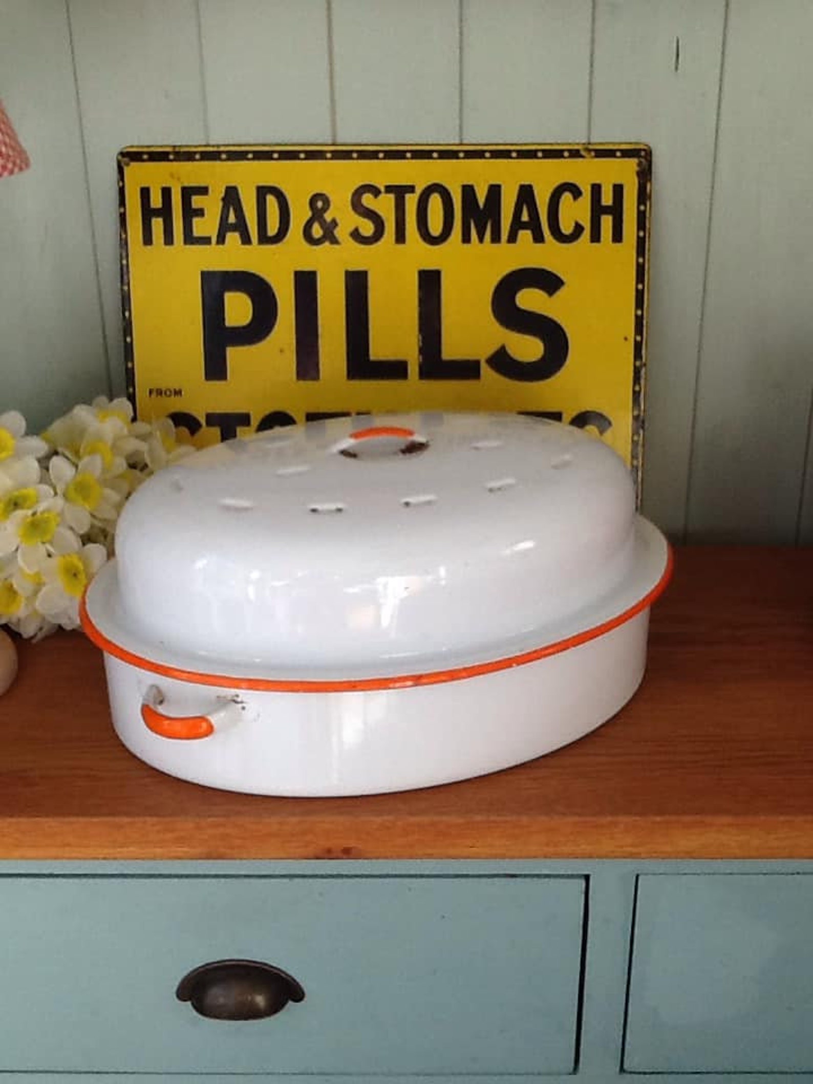 Vintage Large White Enamel Roasting Tin With Orange Trim - Etsy