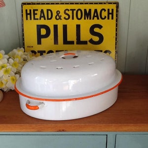 Vintage Large White Enamel Roasting Tin With Orange Trim, Enamelware ...