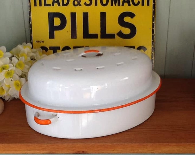 Vintage Large White Enamel Roasting Tin With Orange Trim, Enamelware ...