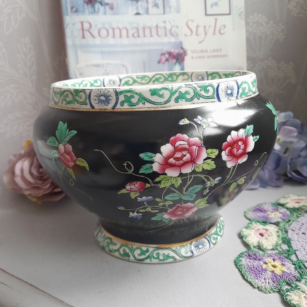 Antique Black Victorian Maling Planter With Pink Roses & Gold Detail ...