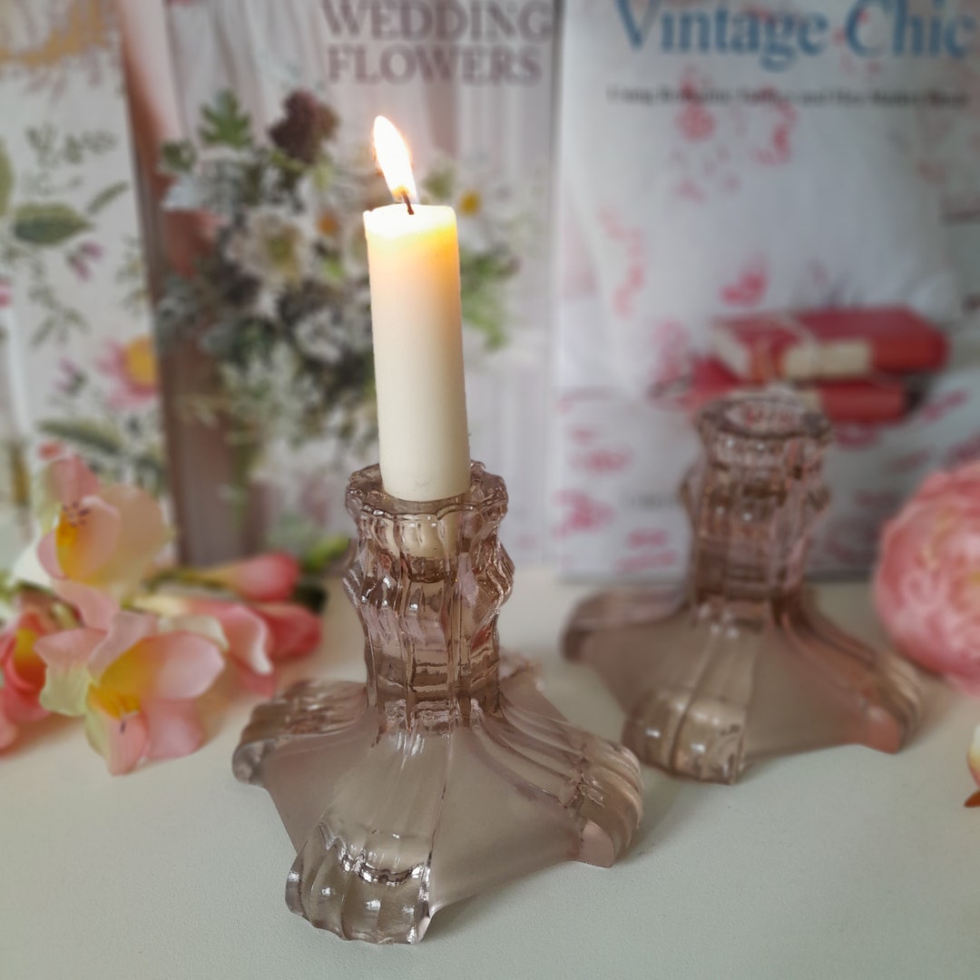 Pretty Pair of Art Deco Peachy Pink Glass Candlesticks, Square Shaped ...