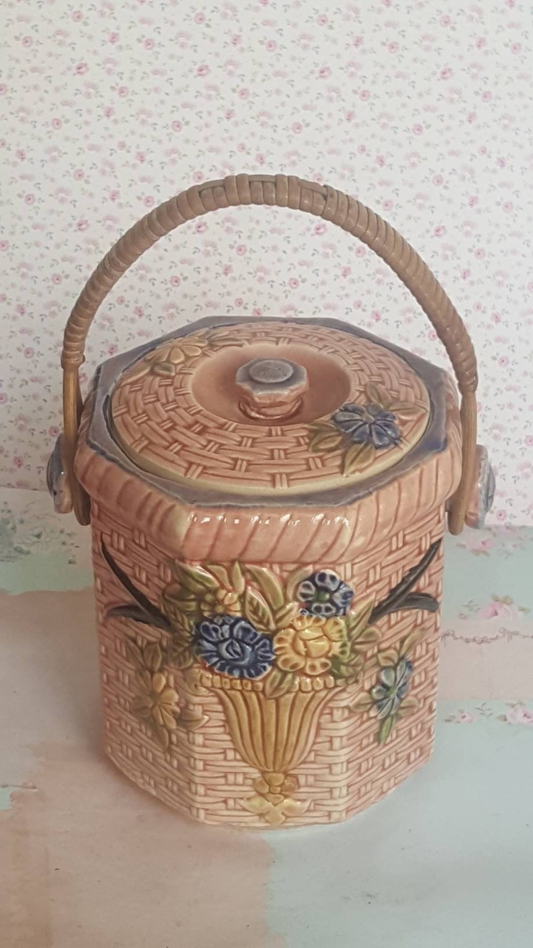 Vintage Floral Biscuit Barrel: Art Deco Cookie Canister With Wicker ...