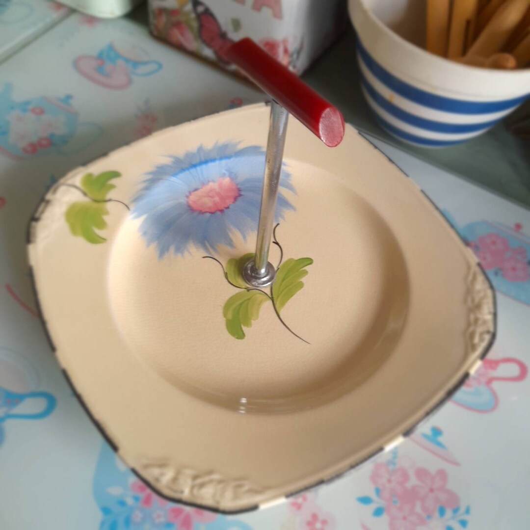 ART DECO Cake Stand With Red Bakelite Handle, Vintage Cake Display With ...