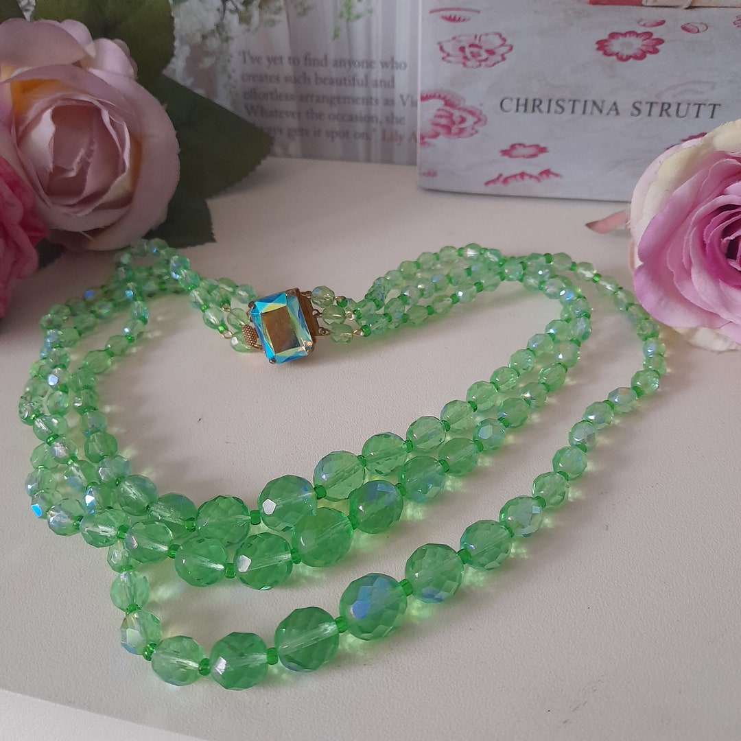 Vintage Green Crystal Triple Strand Necklace: Czech Glass Beads - Etsy