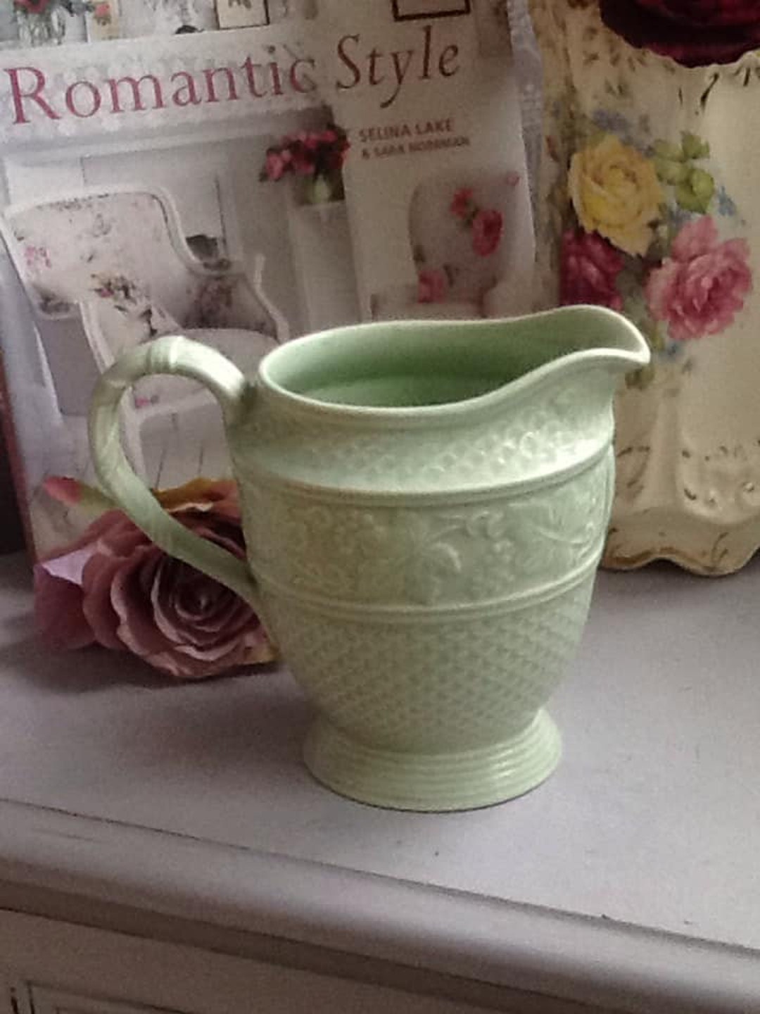 Pretty Art Deco Pale Green Milk Jug With Raised Grapes & Vine Leaf ...
