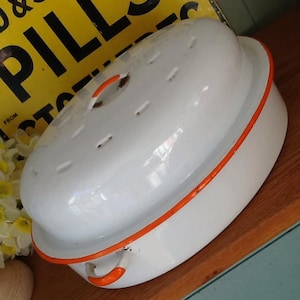 Vintage Large White Enamel Roasting Tin With Orange Trim, Enamelware ...