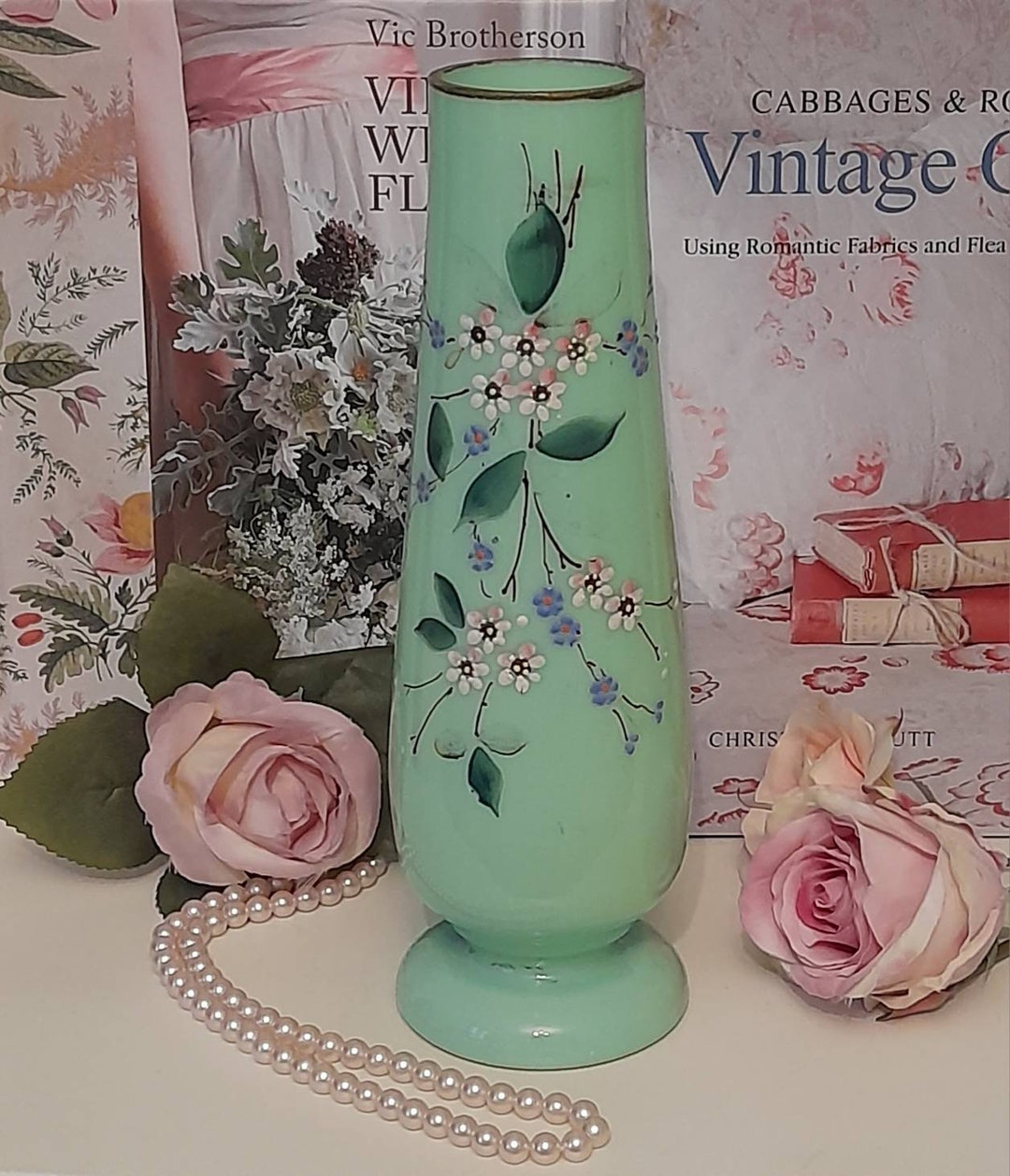 Victorian Milk Glass Vase, Tall Pale Duck Egg Vase, Pretty Pink Glass Flower Vase, Handpainted ...