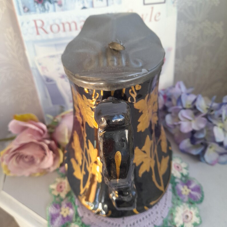 Antique Victorian Black & Gold Jackfield Water Jug With Pewter Lid Hand ...