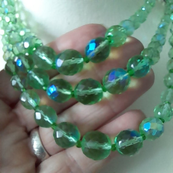 Vintage Green Crystal Triple Strand Necklace, Bohemia… - Gem