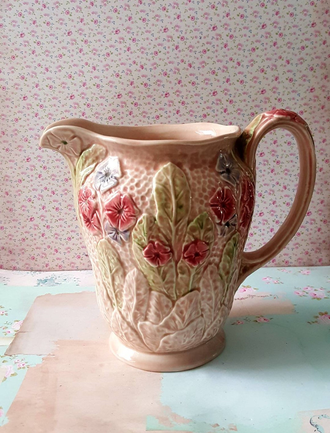 Art Deco Melba Ware Jug, Raised Floral Primrose Design, Pastel Peach ...