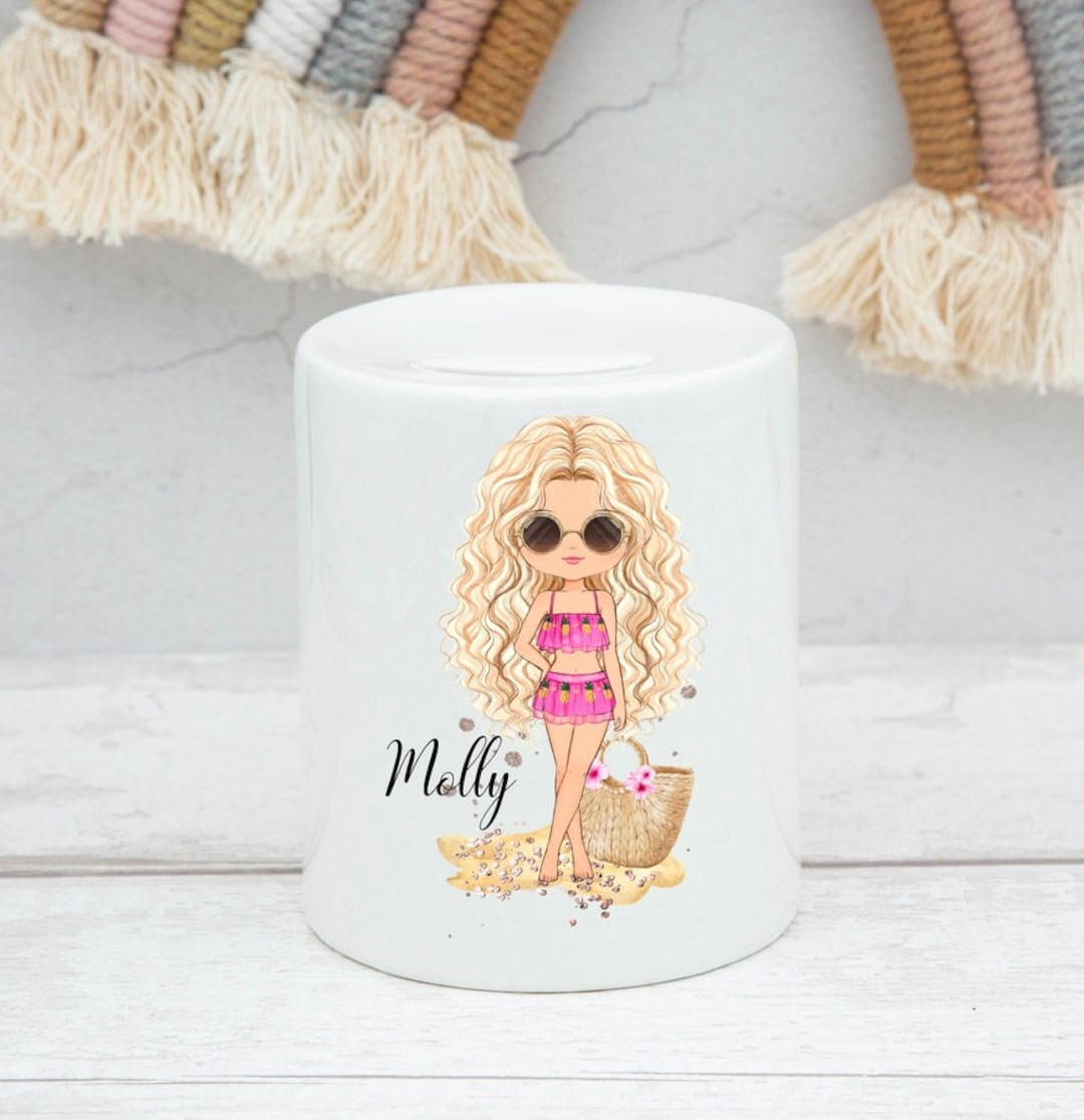 Personalised Pink Bikini Fashion Girl Money Box, Money Saving Box ...
