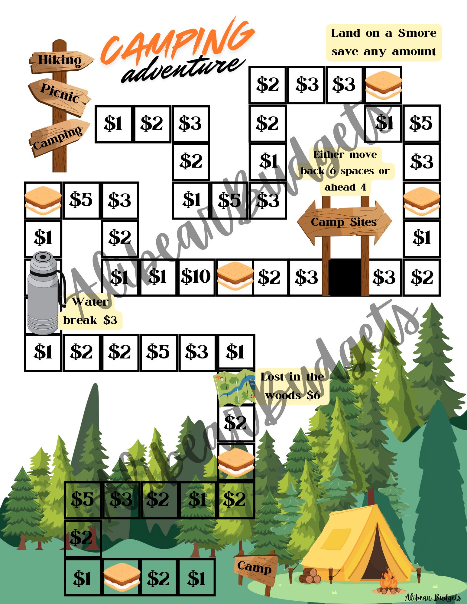 Savings Dice Board Game | Camping Adventure | Digital | Cash Envelope ...