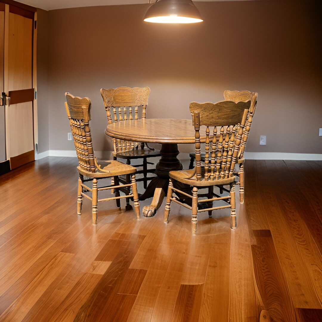Vintage Oak Dining Set With Paw Foot Table and Press Back Chairs by ...