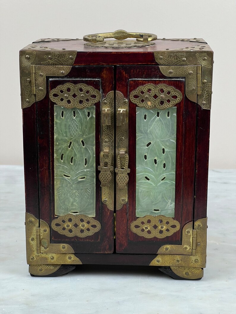 Vintage Asian Rosewood and Jade Diminutive Three Drawer Jewelry Box ...