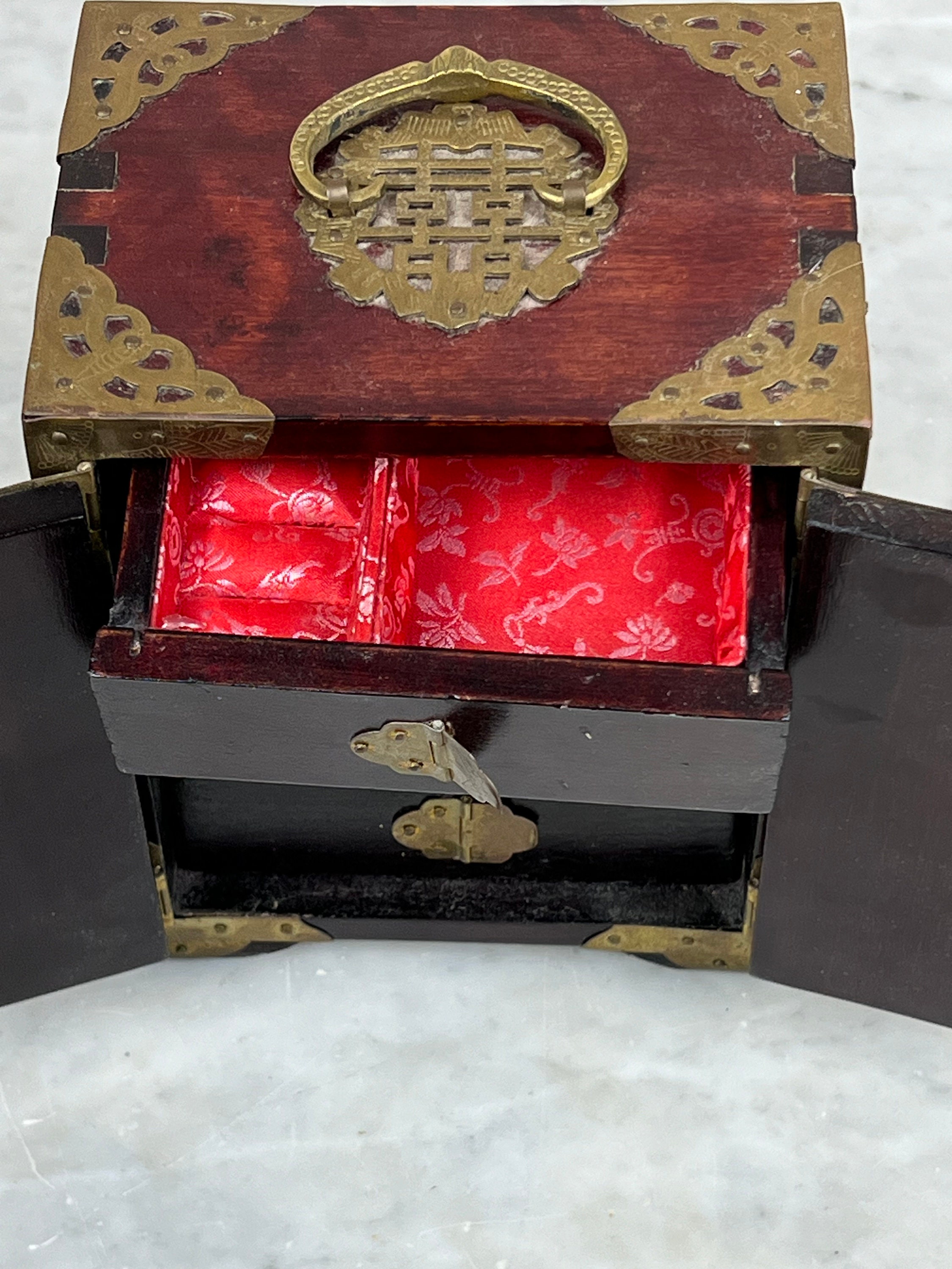 Vintage Asian Rosewood and Jade Diminutive Three Drawer Jewelry Box ...