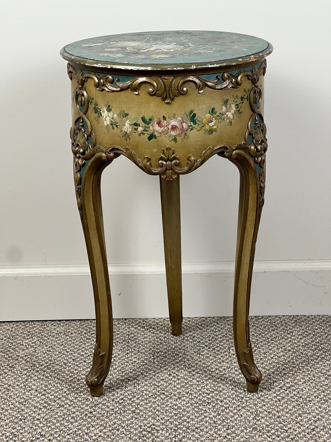 Vintage Paint Decorated French Louis XVI Style Round Accessory Table - Etsy