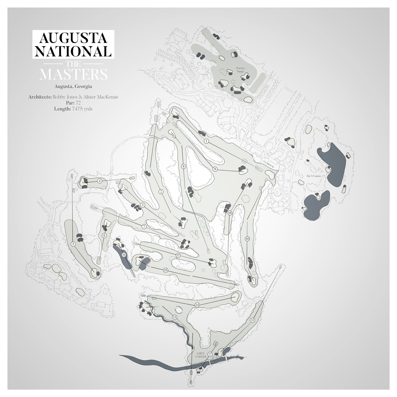 Augusta National, the Masters, Hand Illustrated Golf Course Map ...