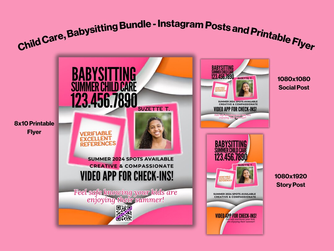 Babysitter Flyer & Social Ad Bundle, IG Posts, Printable Canva Template ...