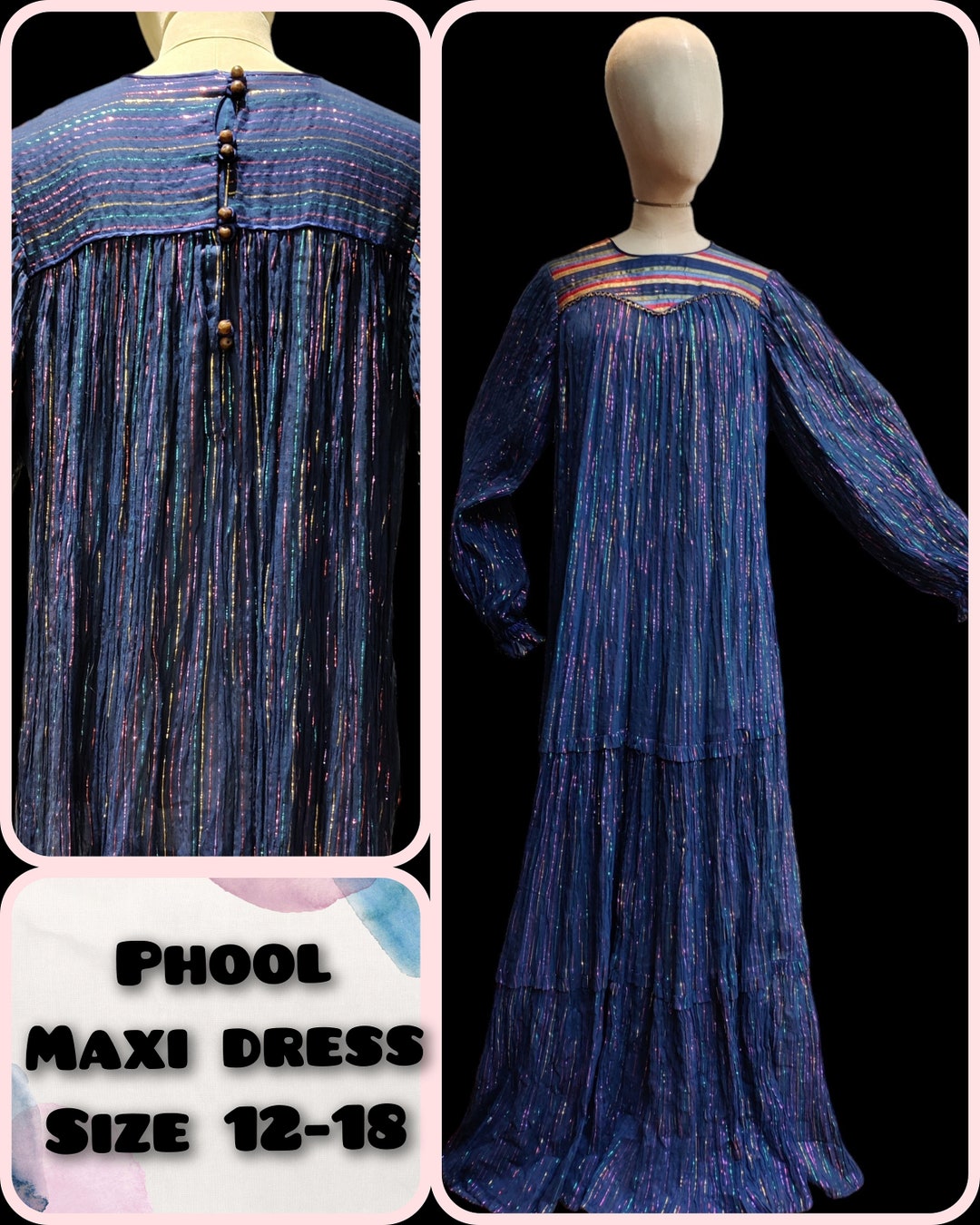 Stunning Rare Vintage Phool Maxi Dress in Rainbow Lurex Navy. Size 12 ...