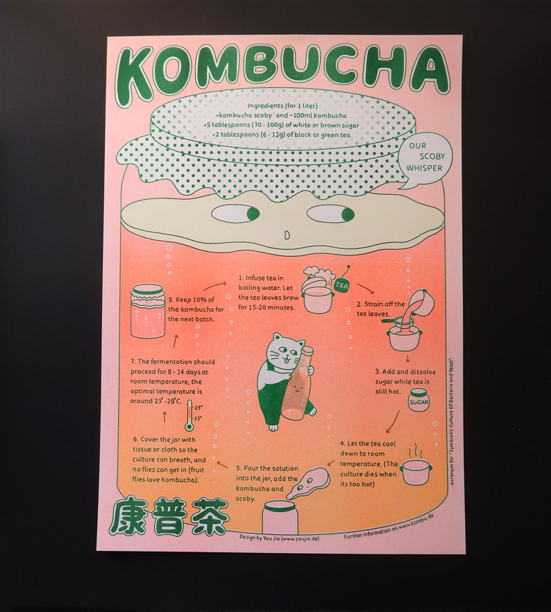 Kombucha Riso Print A3 Poster Kombucha Recipe Poster Kitchen | Etsy