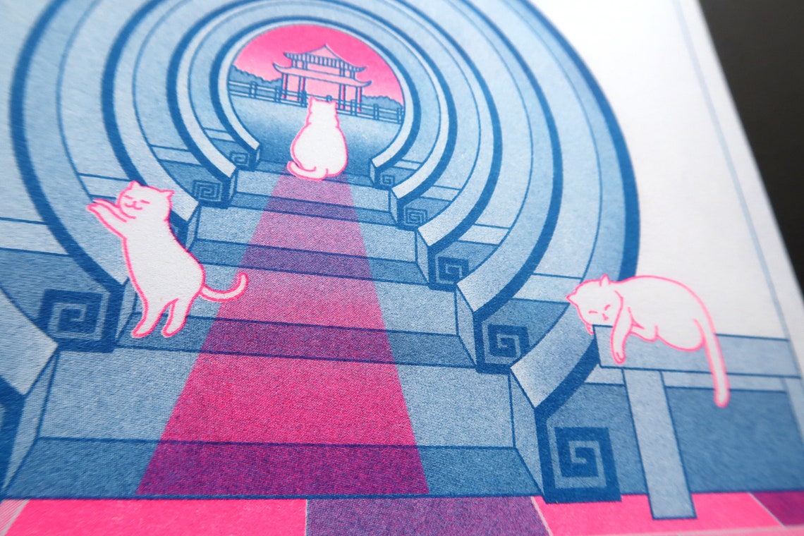 Risograph Cats Garden Illustrated Poster, Limited Edition, Riso Print ...