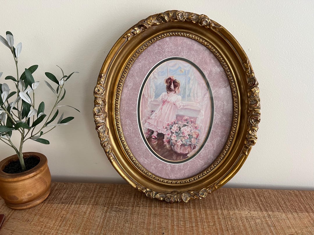 Vintage Gold Roses Oval Girl With Flowers Framed Picture - Etsy
