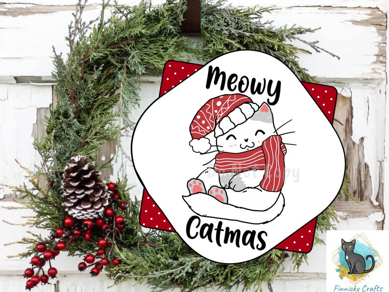 Meowy Catmas Door Sign PNG, Christmas Cat, Quatrefoil Sublimation ...