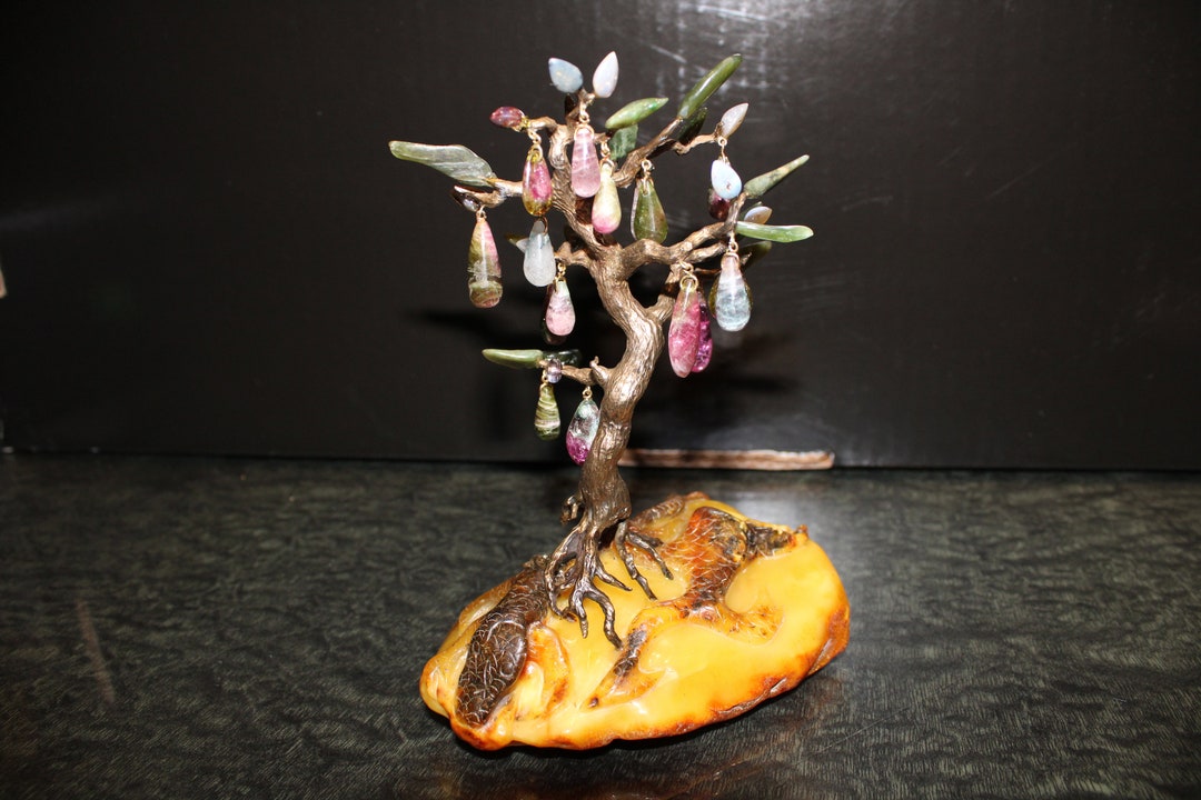 Handmade 10K Gold Amber Gemstone Tree Sculpture: Opal, Tourmaline, Ruby ...