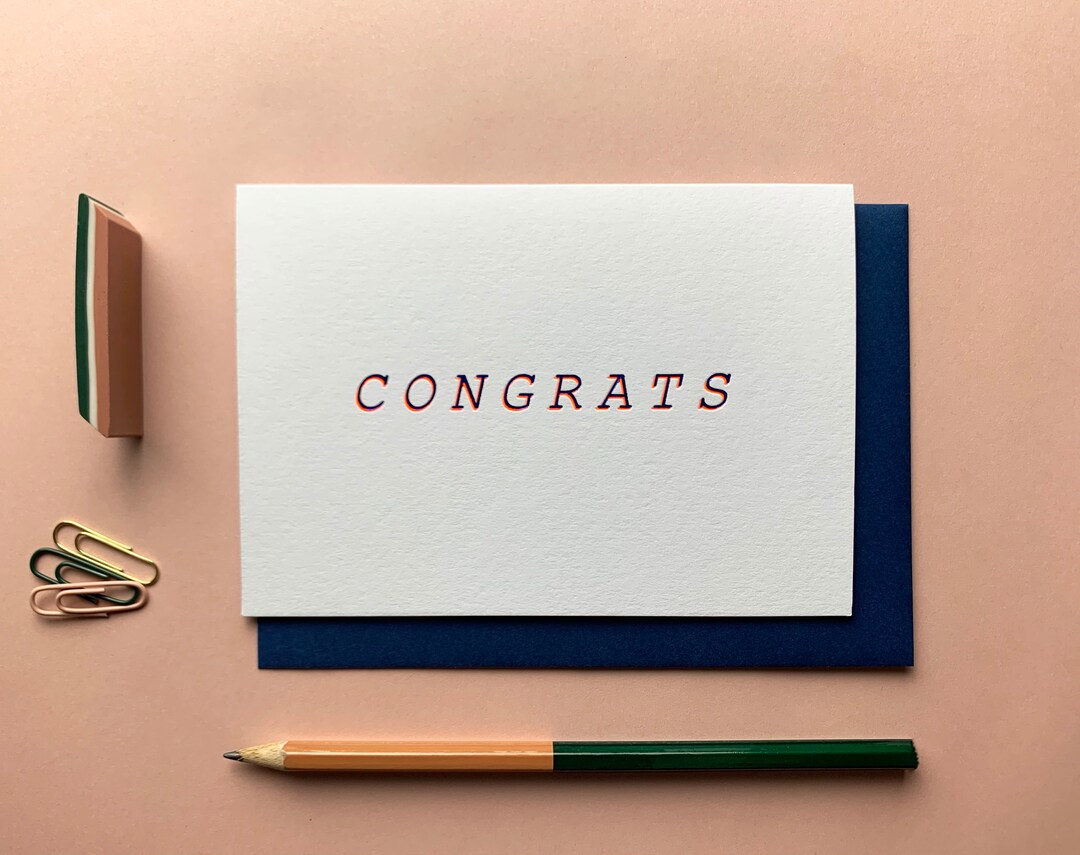 Handprinted Congrats Card, Orange and Blue Foil Detail - Etsy