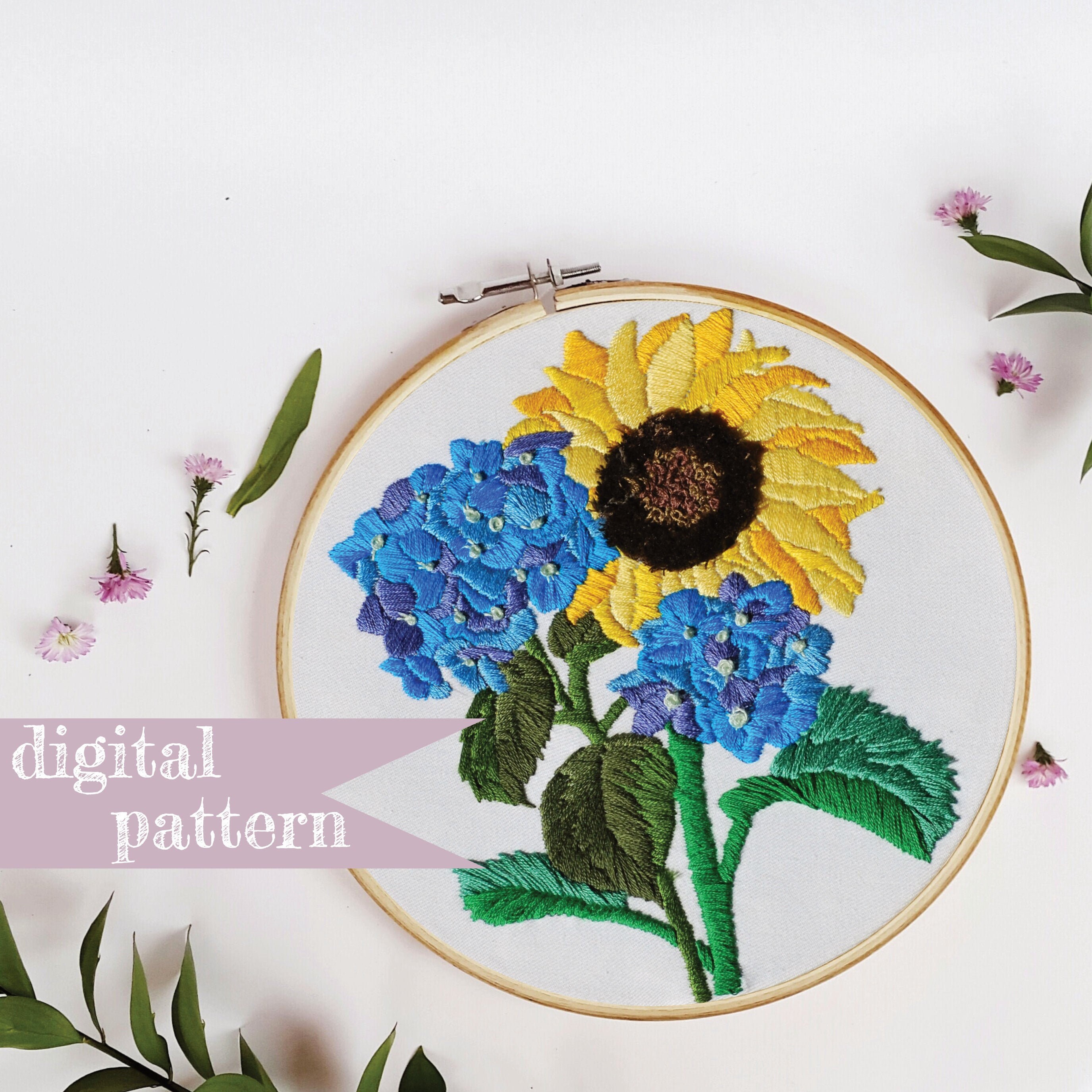 Sunflower Hydrangea Embroidery Pattern All Levels Embroidery - Etsy