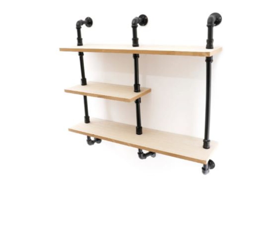 Black Pipe Industrial Design Wall Shelf 3 Wooden Shelves Retro ...