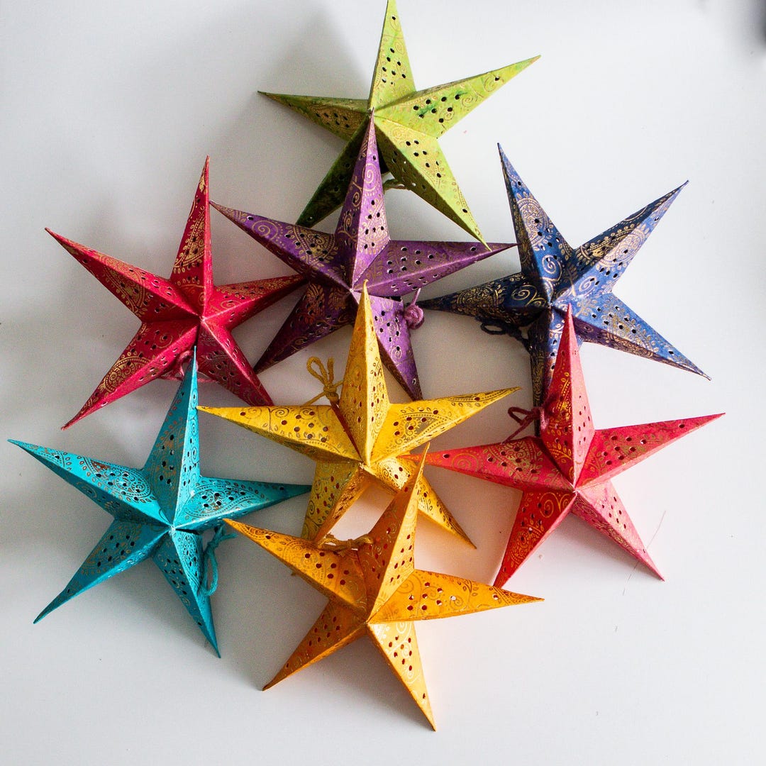 Multicoloured Mini Paper Star Lanterns | 8 Paisley Gold Pattern Stars ...