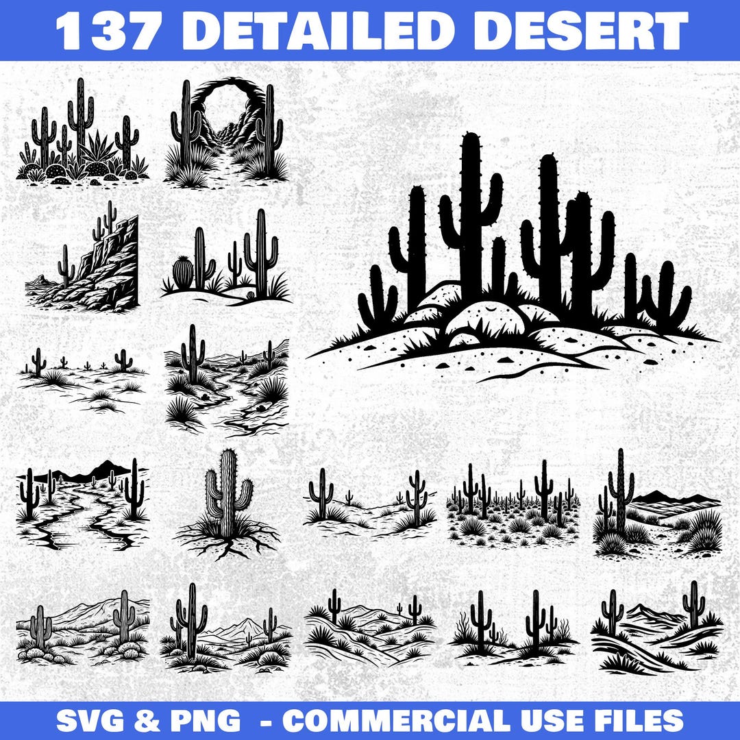Detailed Desert Cactus Landscapes Svg & Png Bundle for Cricut and Laser ...