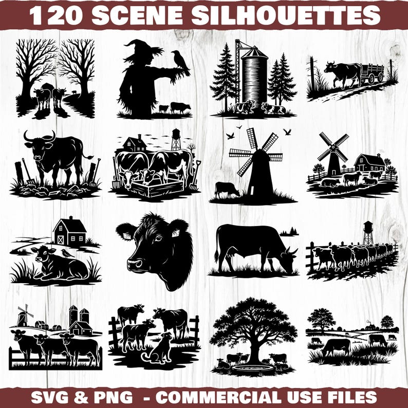 Cow Farm Scene Silhouettes Svg & Png Bundle for Cricut and Laser ...