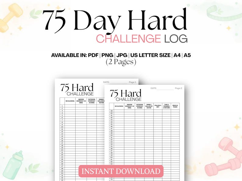 75 Hard Challenge Tracker Printable | Workout Log & Daily Checklist ...