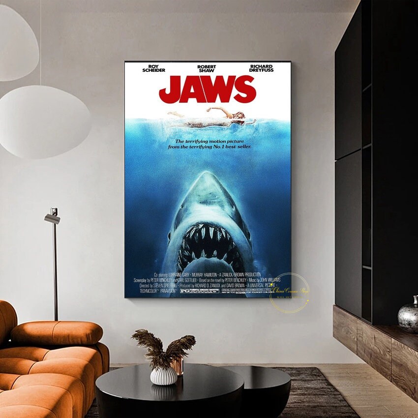 Jaws Movie Poster Canvas Wall Art Family Bedroom Decor Frame Option ...