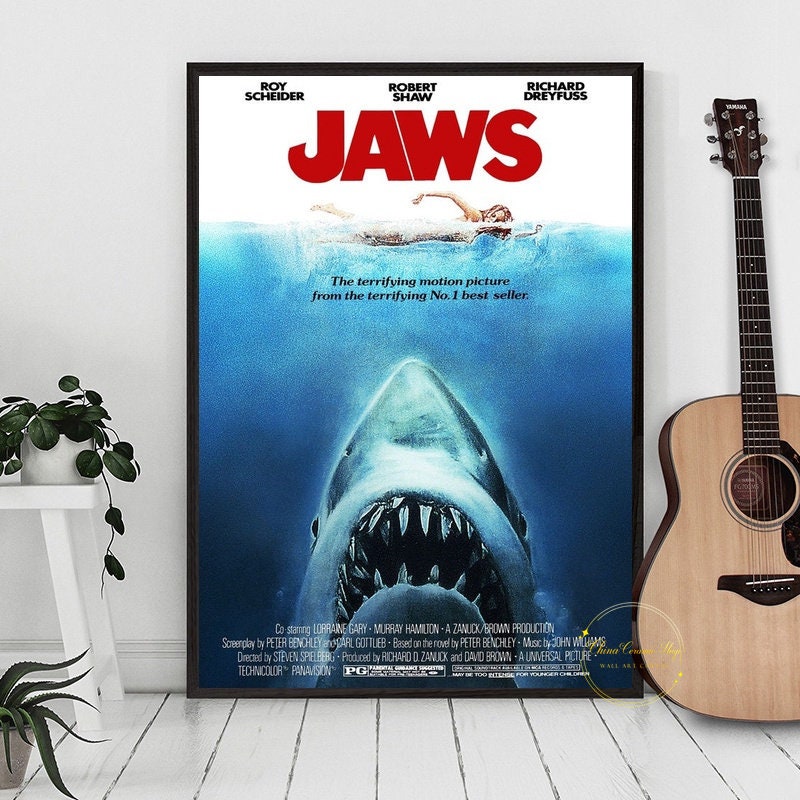Jaws Movie Poster Canvas Wall Art Family Bedroom Decor Frame Option ...