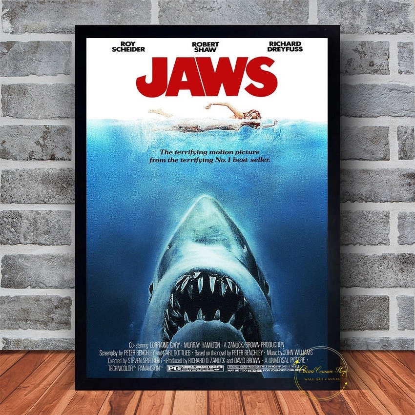 Jaws Movie Poster Canvas Wall Art Family Bedroom Decor Frame Option ...