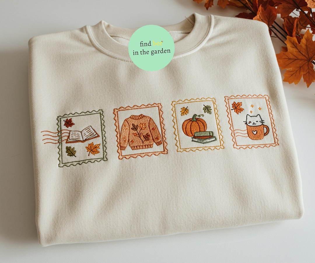Fall Postage Stamp Embroidered Sweatshirt, Ghost Stamp Boo Halloween ...