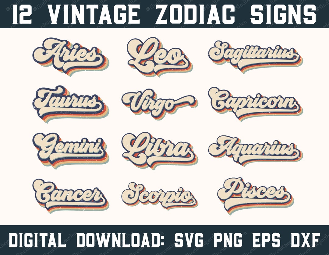 12 Vintage Zodiac Signs SVG, Zodiac Signs Svg, Astrology Svg, Horoscope ...