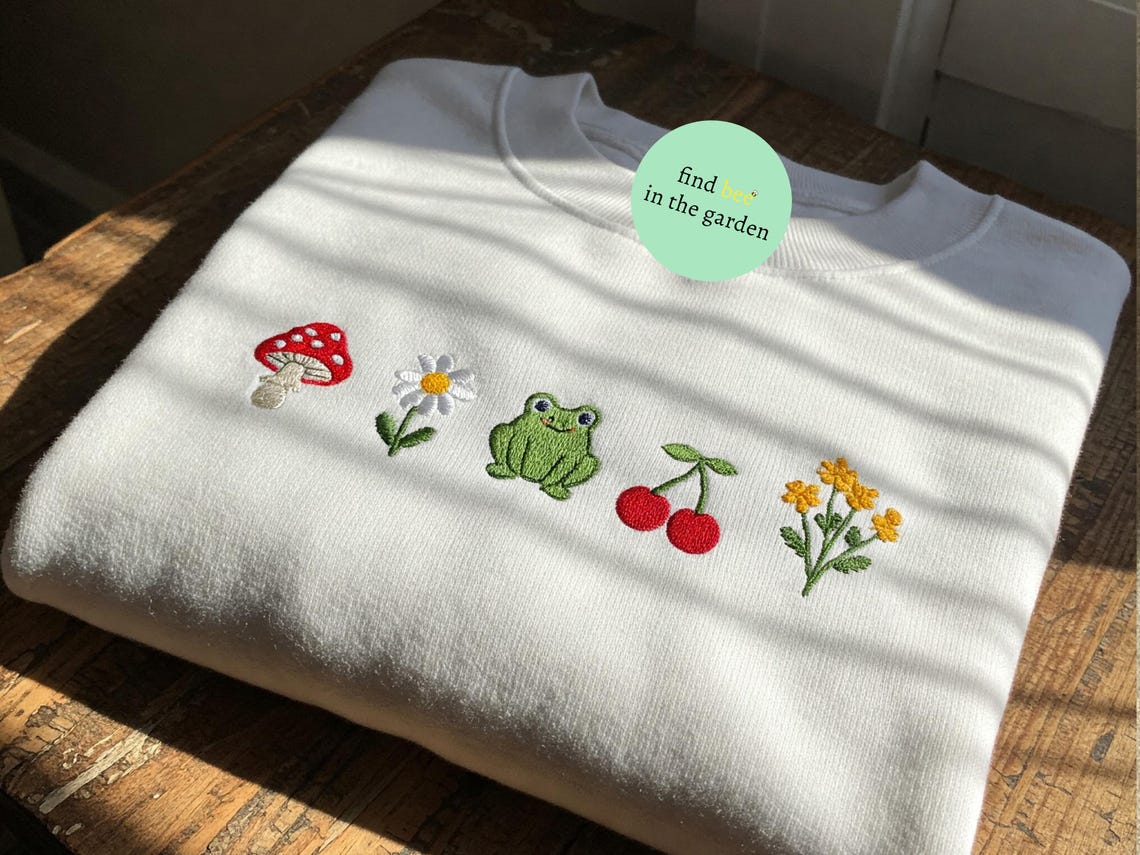 Embroidered Cottagecore Frog Sweatshirt, Outdoor Sweater, Strawberries ...