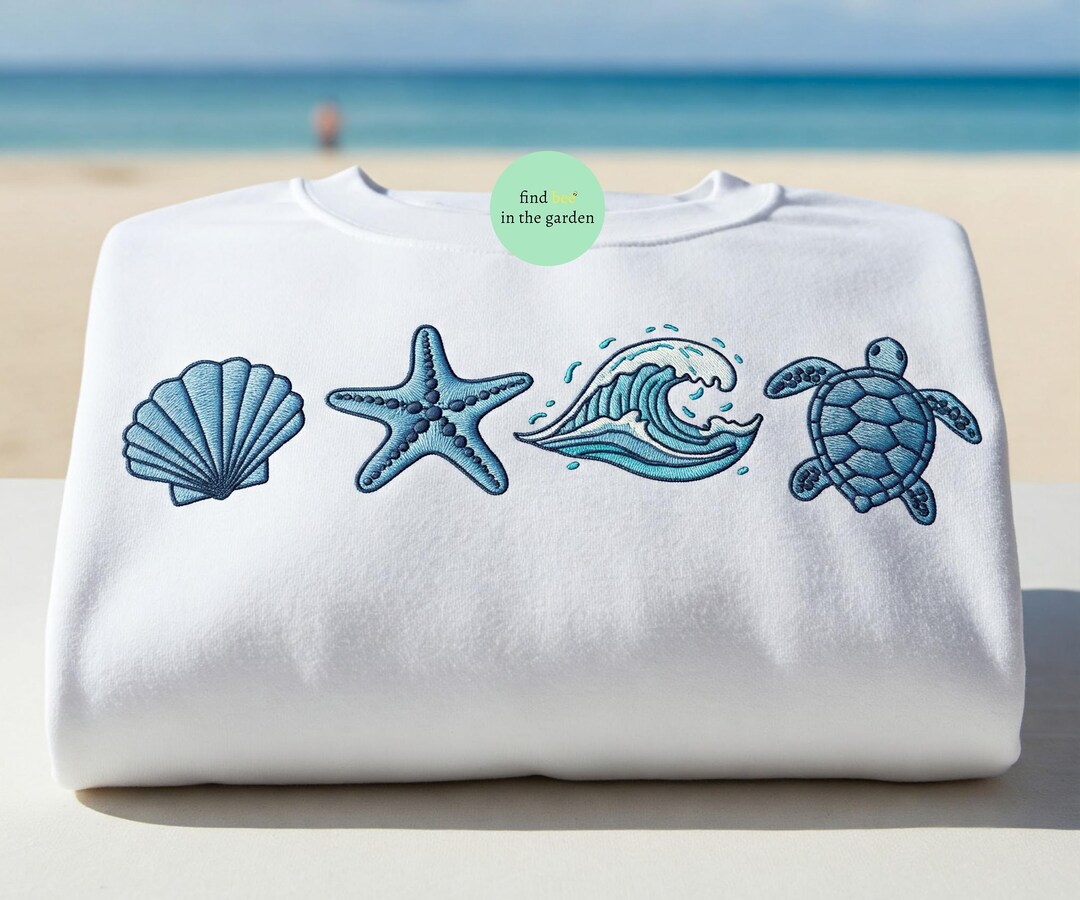 Four Sea Shells Embroidered Crewneck, Turtle Coastal Sweatshirt, Summer ...