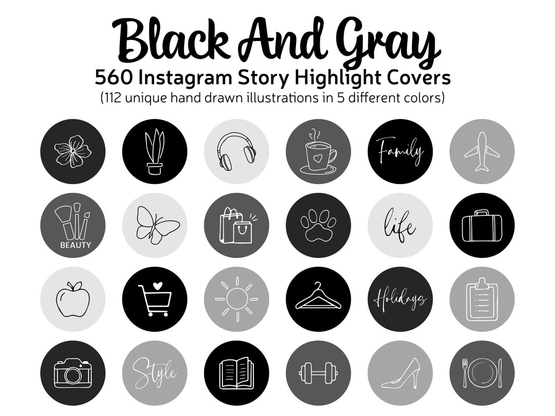 Black & Gray Instagram Story Icons Pack, White Story Highlight Covers ...