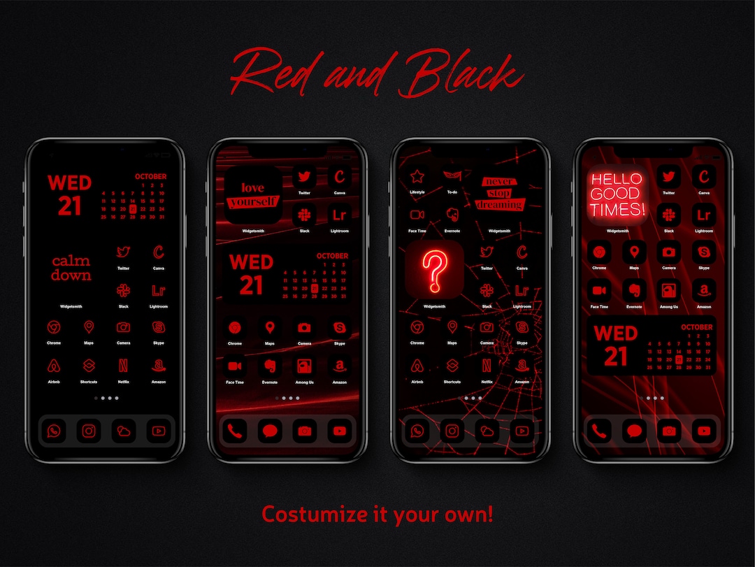 Red and Black App Icons iPhone IOS Theme | Minimalist Black App Cover ...