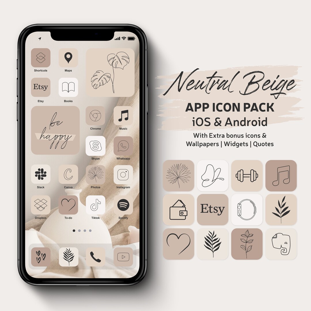 Neutral Beige App Icon Pack | Ios Theme for iPhone | Phone Wallpapers | Black on Beige Filled ...