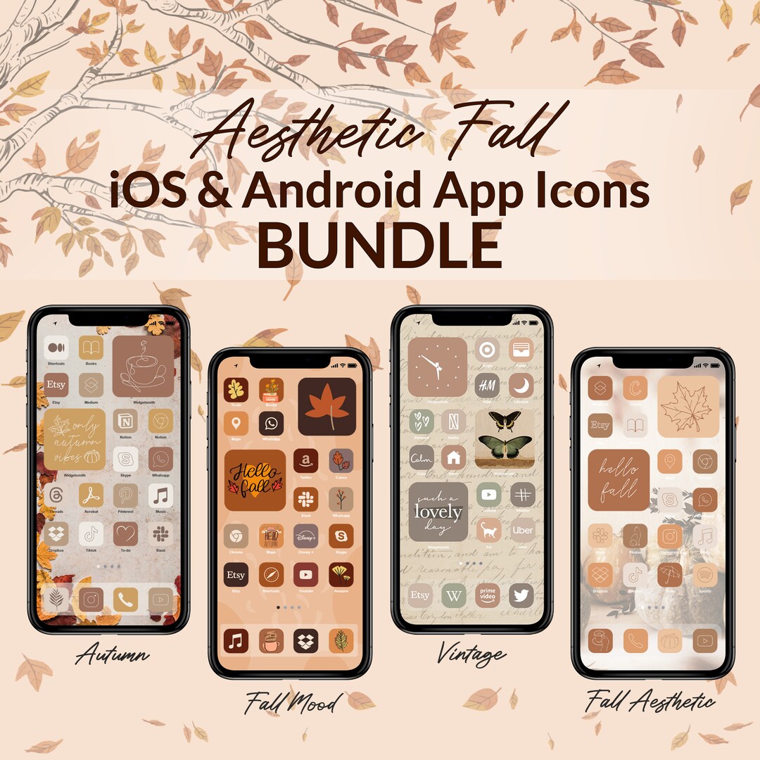 Aesthetic Fall App Icon BUNDLE 4in1, iPhone Autumn Theme, Orange Yellow ...